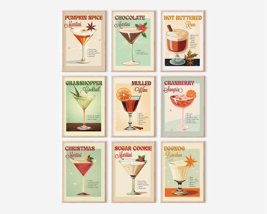 Christmas Bar Cart Art SET of 9 Retro Cocktail Prints Christmas Martini ...