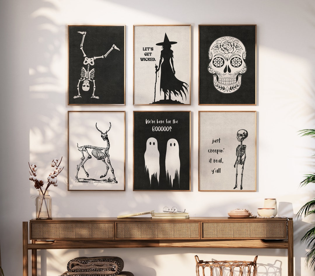 Halloween Art Gallery Wall SET of 6 Halloween Prints Dancing Skeleton ...