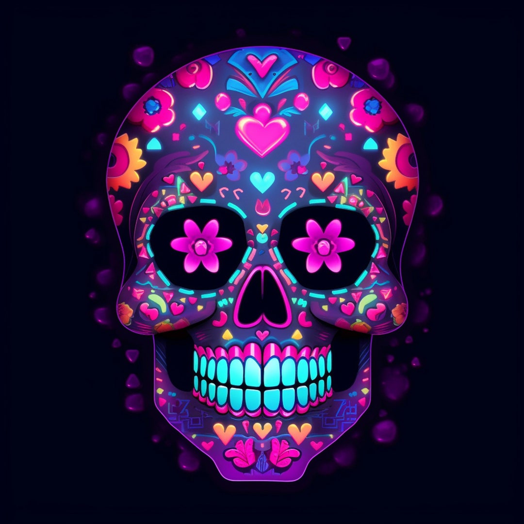 Sugar Skull 2, Neon Skull Design, Digital Print, Wall Art, Dia De Los ...