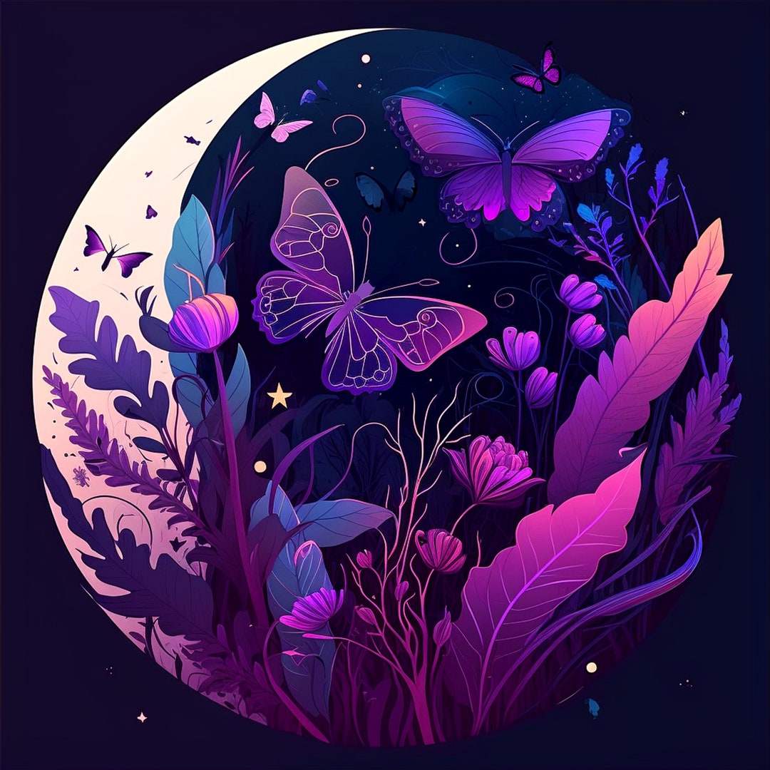 Purple Butterfly 4, Digital Wall Art, Wall Decor, Moon Phase, Nursery ...