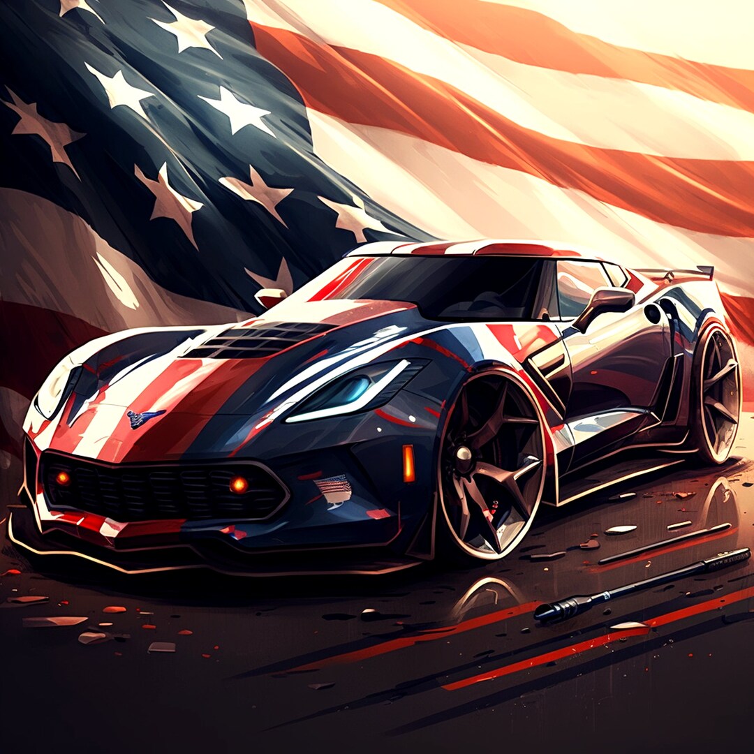 Sports Car With a USA Flag in the Background, Digital Art Vehicle ...