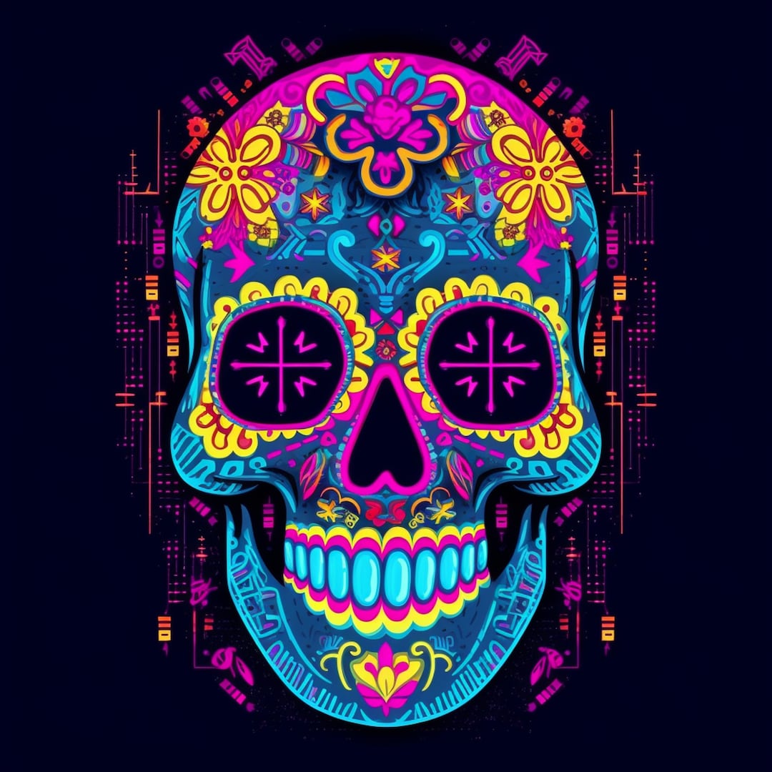 Calavera de azúcar 4, calavera de neón, dia de los muertos, impresión ...