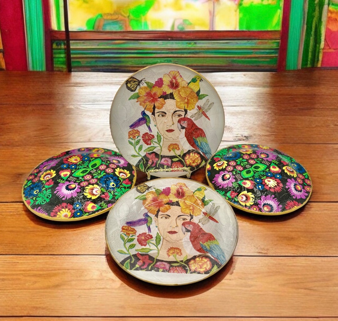 Colorful Frida Kahlo Decoupage Glass Salad Plate Set: Cheerful Luncheon ...