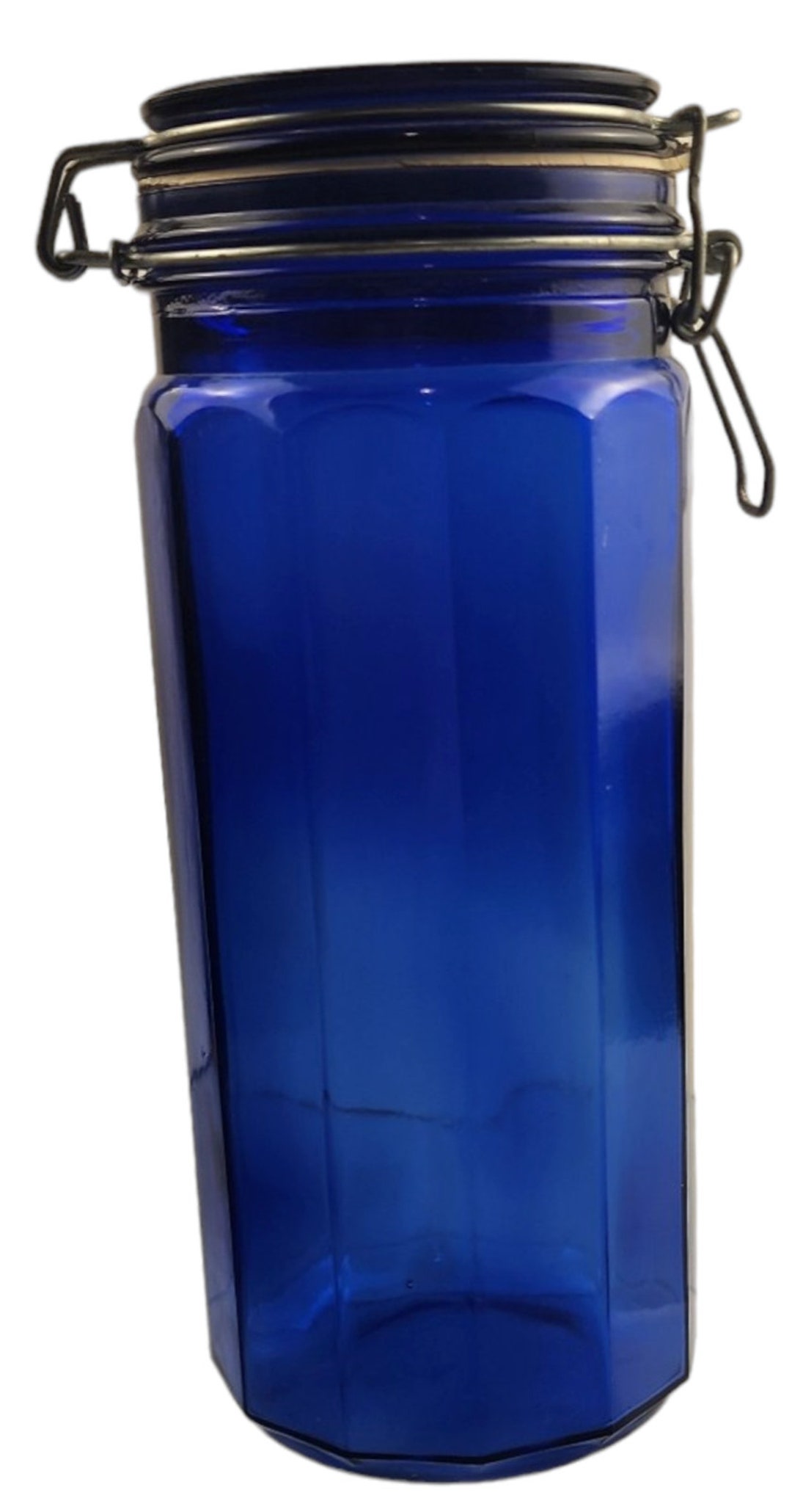 Vintage Cobalt Blue Glass Canister Jars 12 Panel With Wire Bale Lid 10x ...