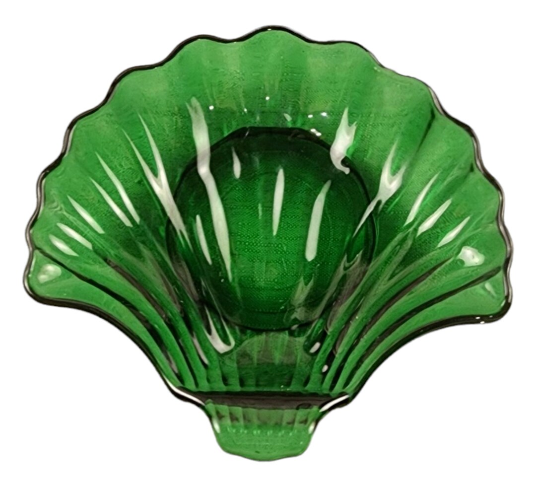 Vintage Anchor Hocking Emerald Green Shell Glass Trinket Candy Dish set ...