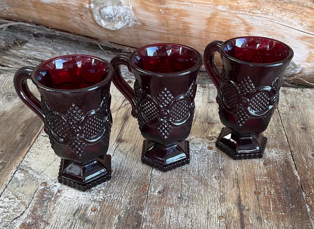 Avon Cape Cod Ruby Red Pedestal Coffee Mugs Sets of 3 Vintage Pressed ...