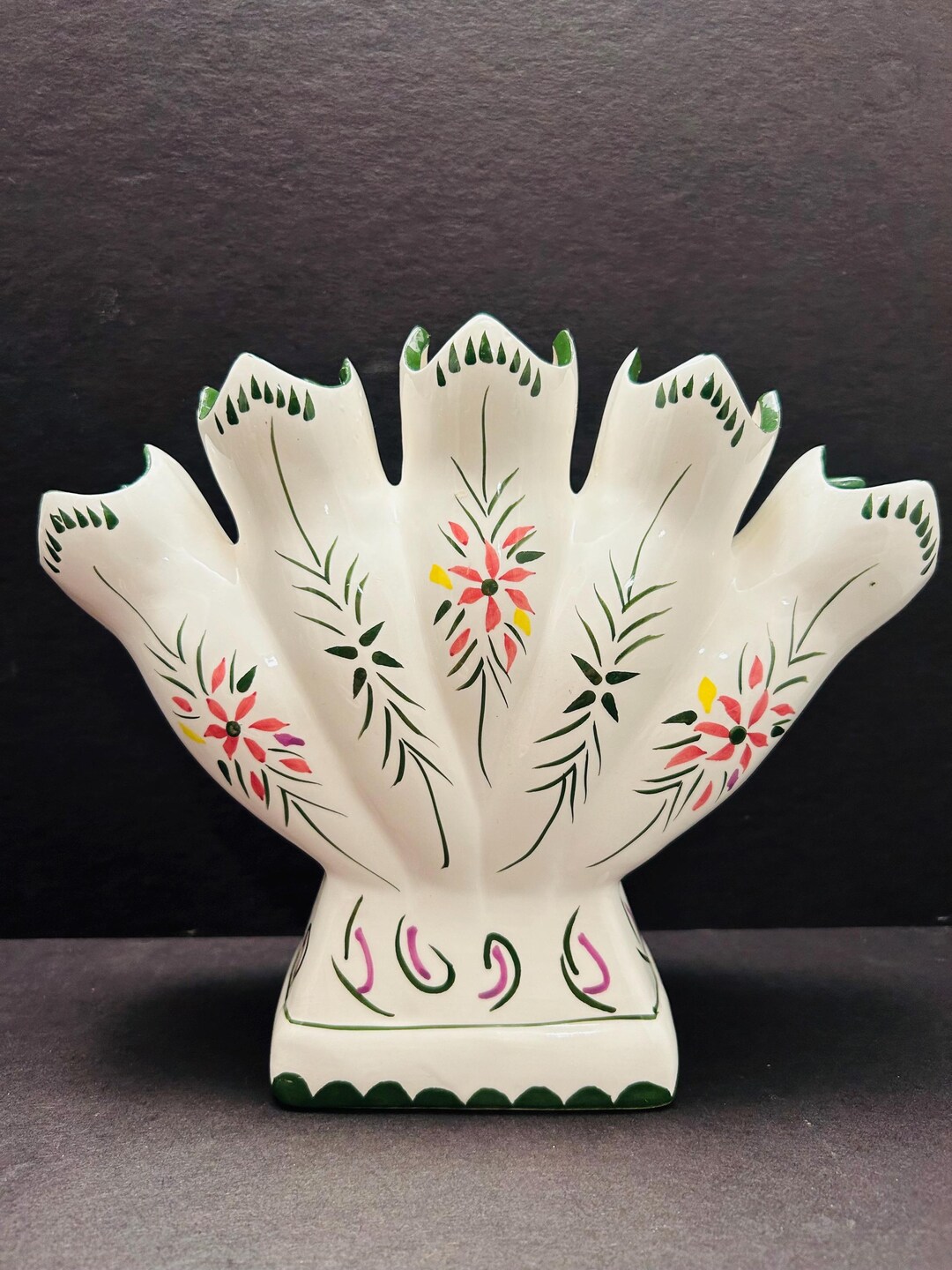 Vintage Five Finger Vase in White Handpainted Flowers Made. Flower Frog ...