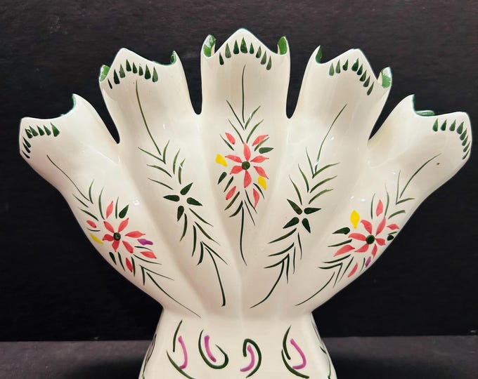 Vintage Five Finger Vase in White Handpainted Flowers Made. Flower Frog ...