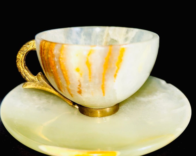 Onyx Teacup and Saucer With Brass Handle - Etsy