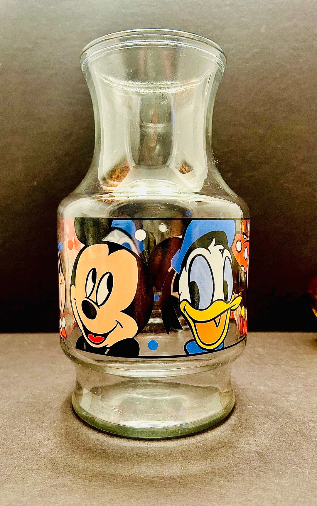 Vintage Walt Disney Glass Juice Decanter Mickey, Minnie, Donald, Carafe ...
