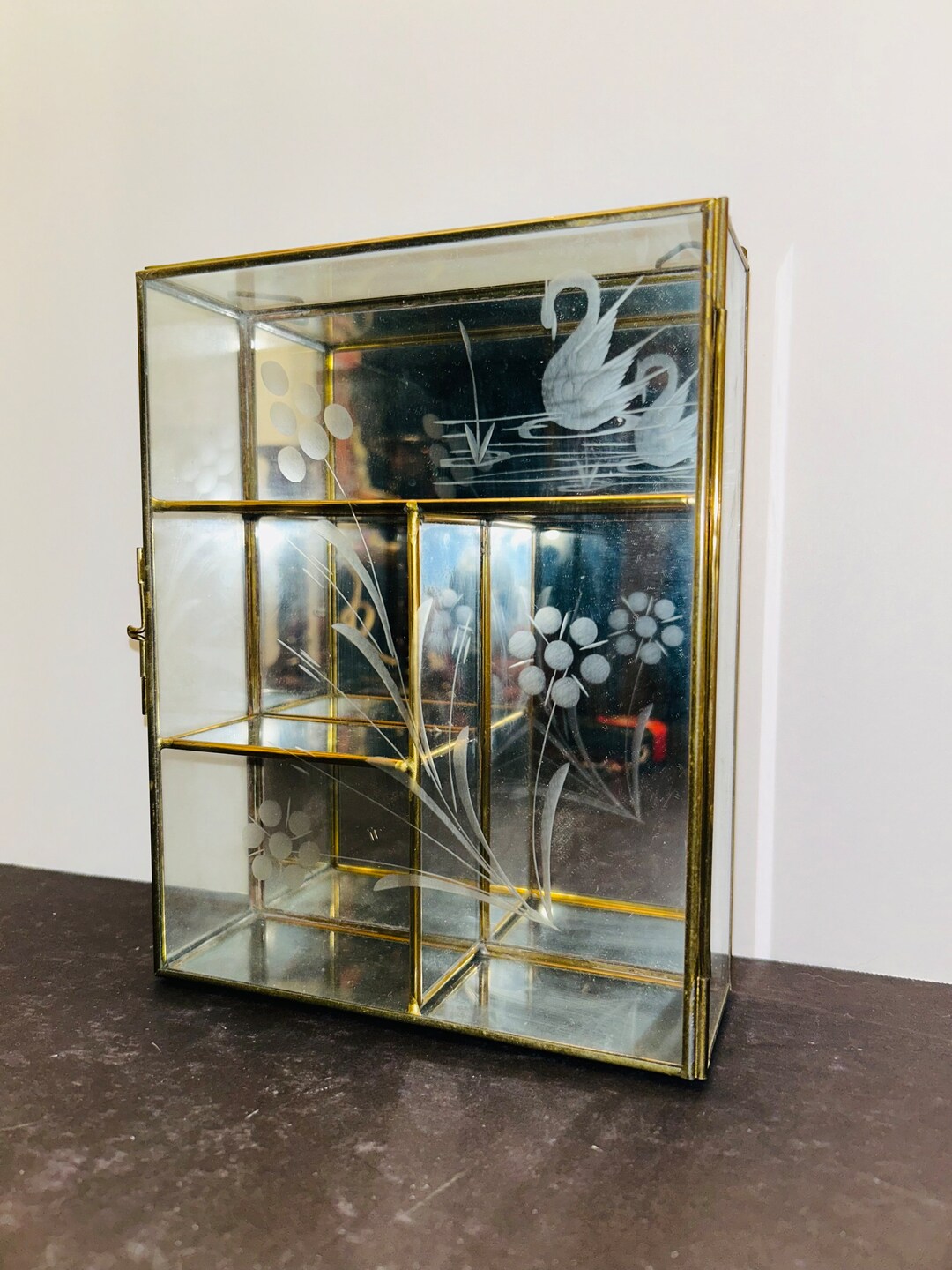 Vintage Petite Brass Display Case/etched Glass Rectangular Curio ...