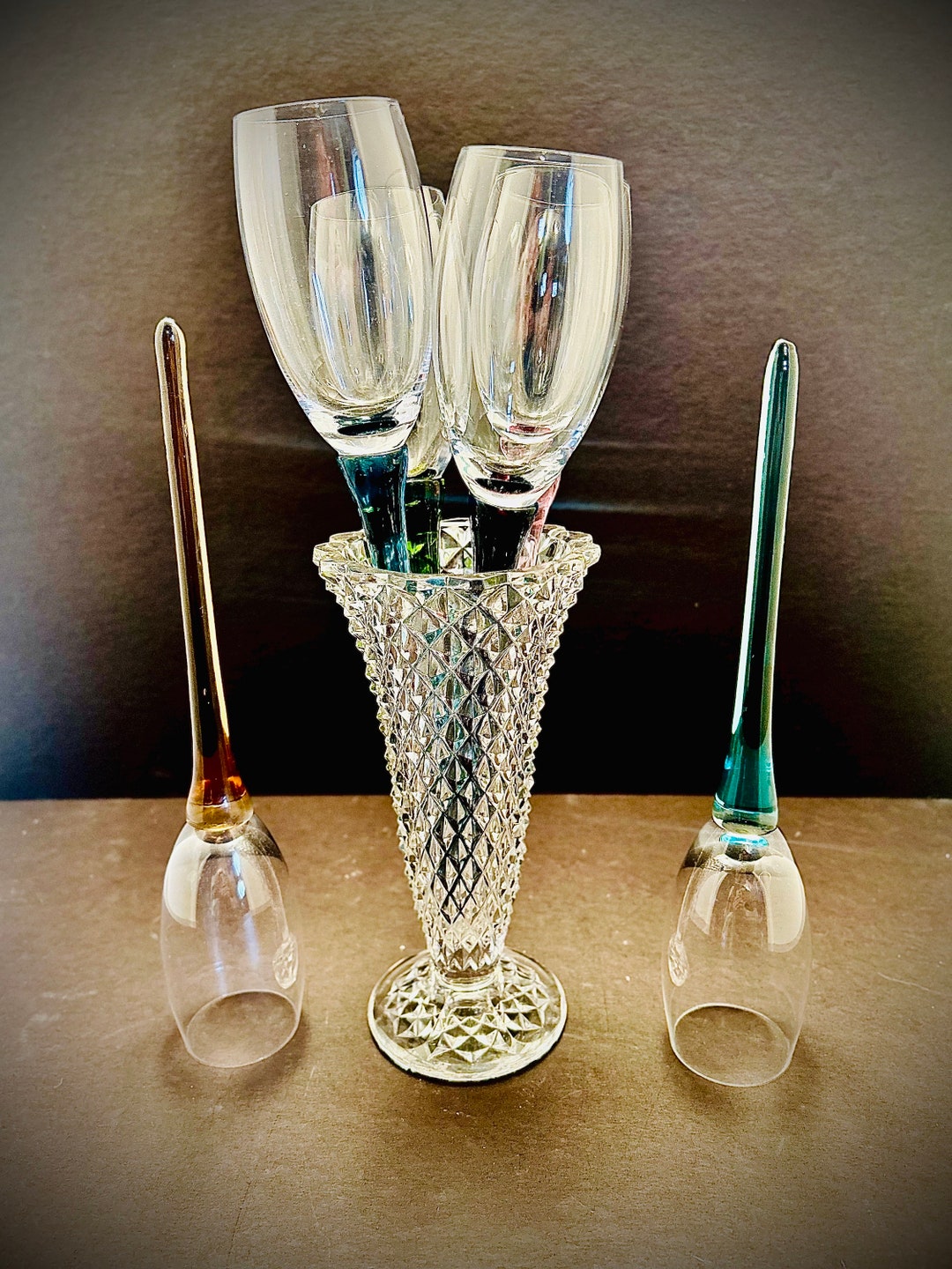 Vintage Champagne Toasting Flutes Long Colourful Stem Hand Blown ...
