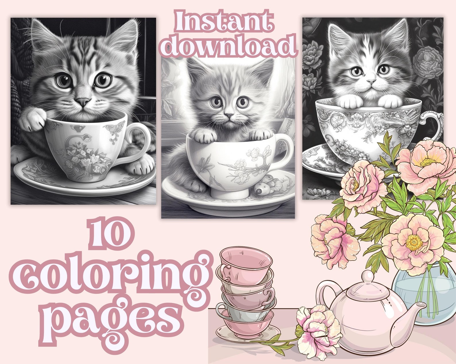 Kitten Coloring Pages, 10 Teacup Kitties Coloring Pages, Kittens in ...