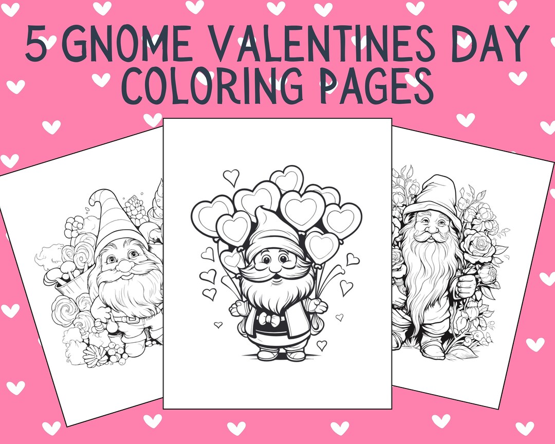 5 Valentines Day Gnome Coloring Pages, Printable Coloring Book for ...