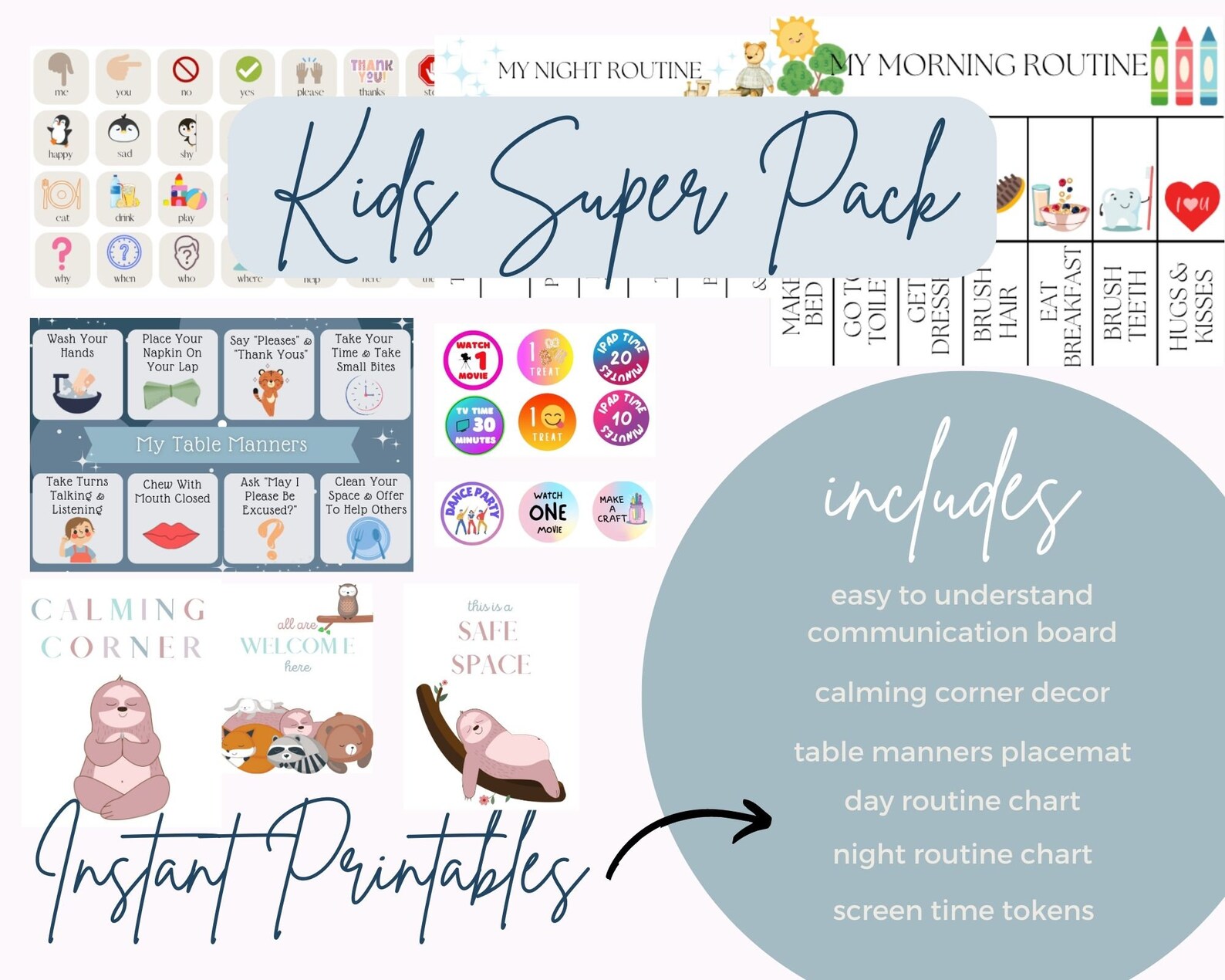 Kids Super Pack Manners Placemat Communication Board Screen Time Tokens ...