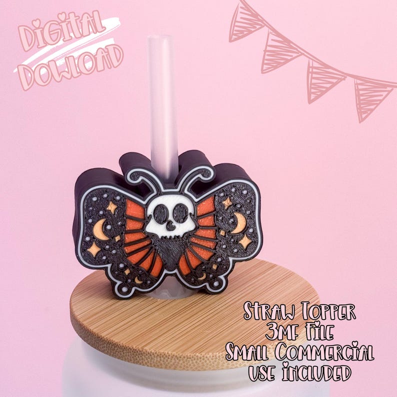 Goth Skull Moth Straw Topper 3D Print File (digital Download) - Etsy
