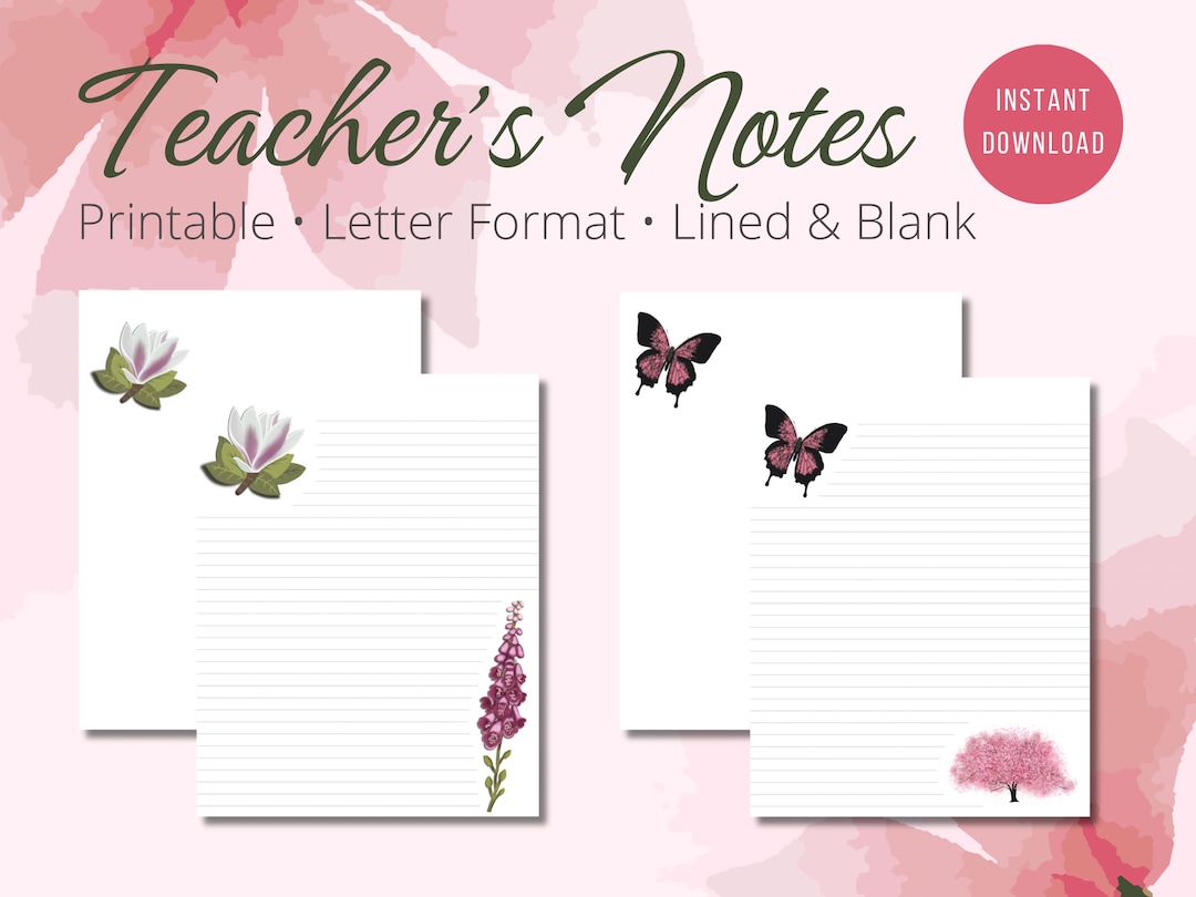 Teacher Note Paper Printable Blank & Lined School Notes Asian Flowers ...