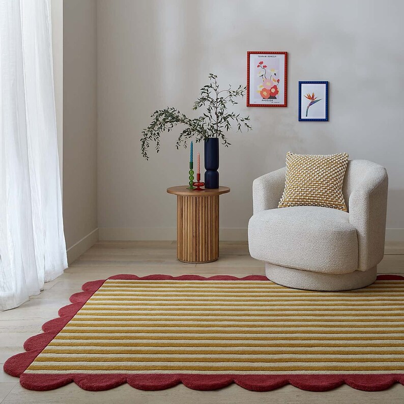 Hand Tufted Modern Milo Scallop Yellow Striped Wool Rug - Etsy