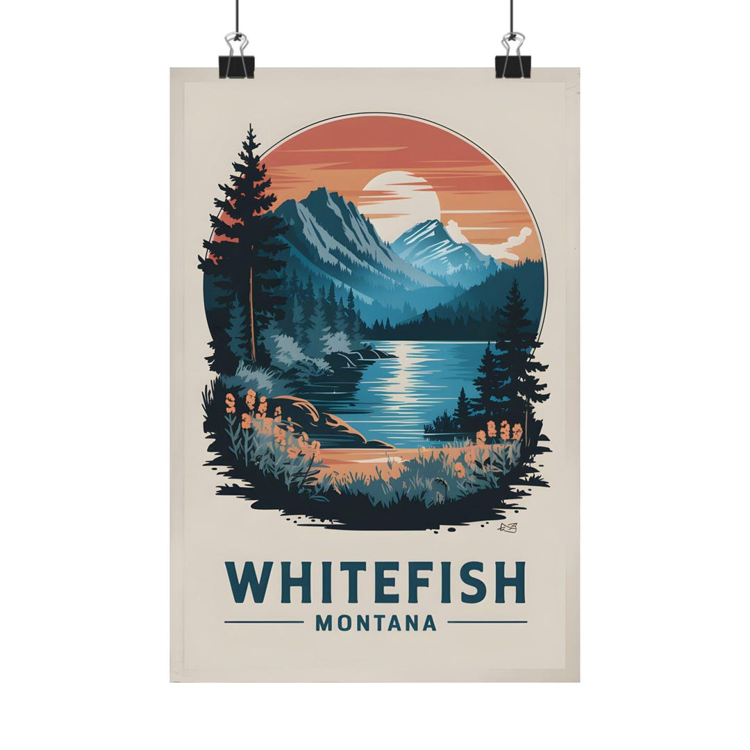 Whitefish Montana Vintage Landscape Art Print Mountain Sunset Home ...
