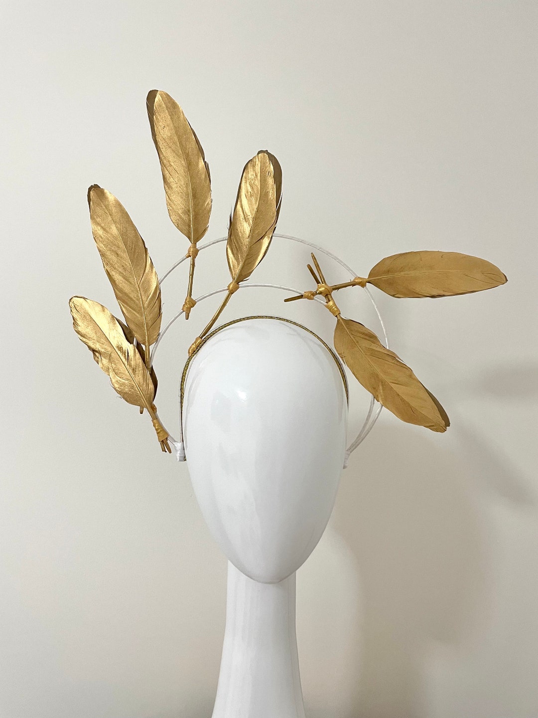 Gold Arita Gold and White Feather Races Crown or Headband. Millinery or ...