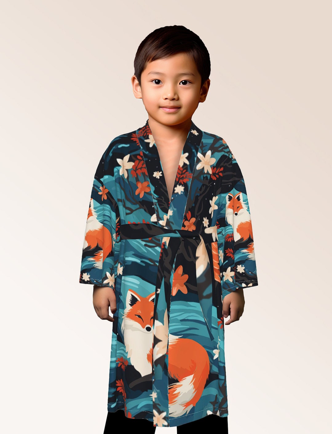 Kid's Japanese Kimono Pajama Robe With Red Fox Design: Cute and ...