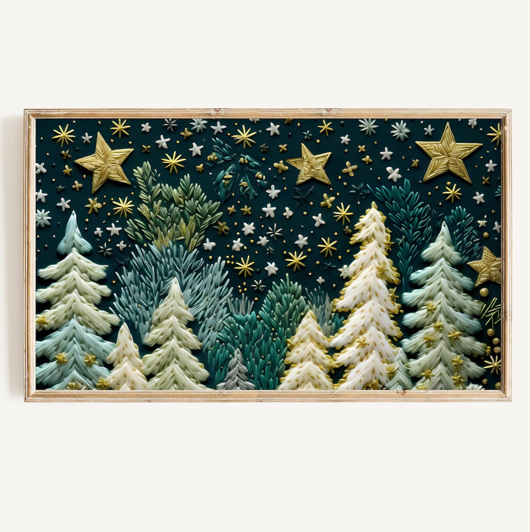 Christmas Frame Tv Art Digital Download | Xmas Pine Tree Embroidery Art ...