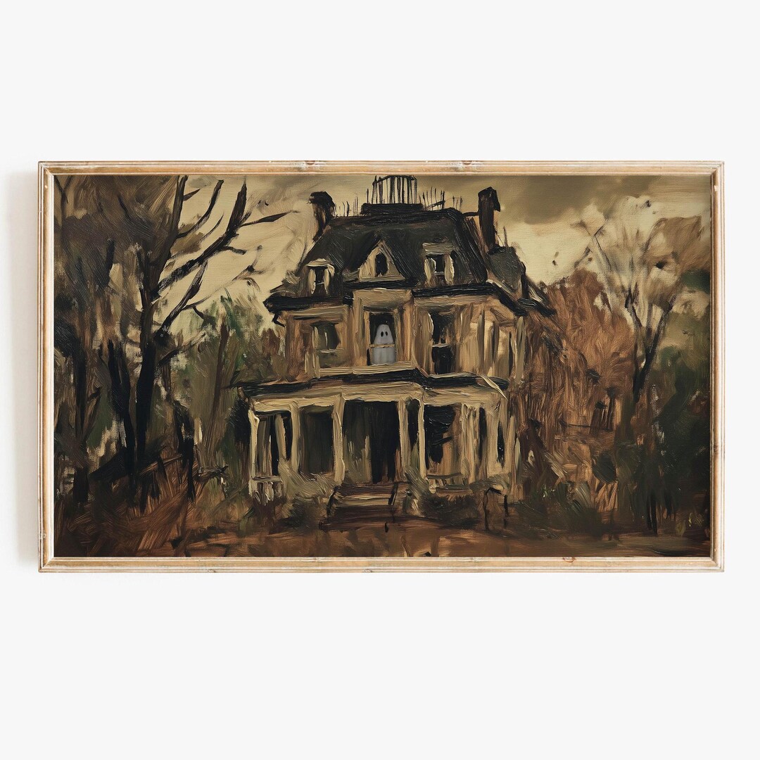 Halloween Frame Tv Art Haunted House Textured Painting Digital Download ...