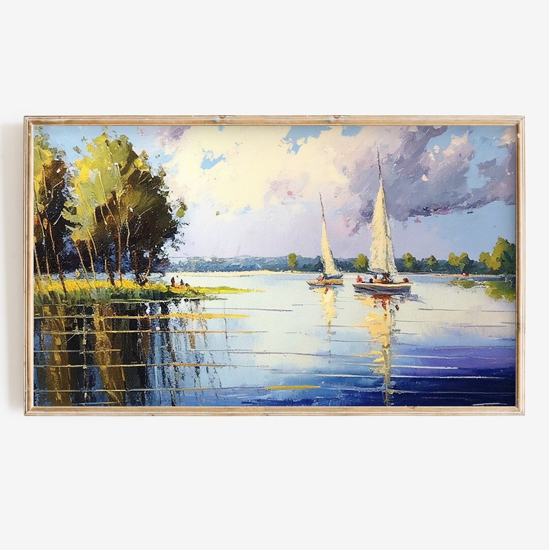 Frame Tv Art Lake Sailboats Vintage Scenic Landscape Painting Digital ...