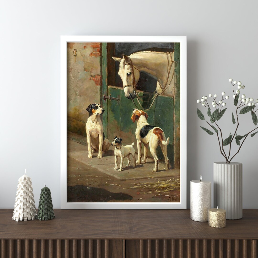 Dogs and Horse at Stable Framed Oil Painting Reproduction Print on ...