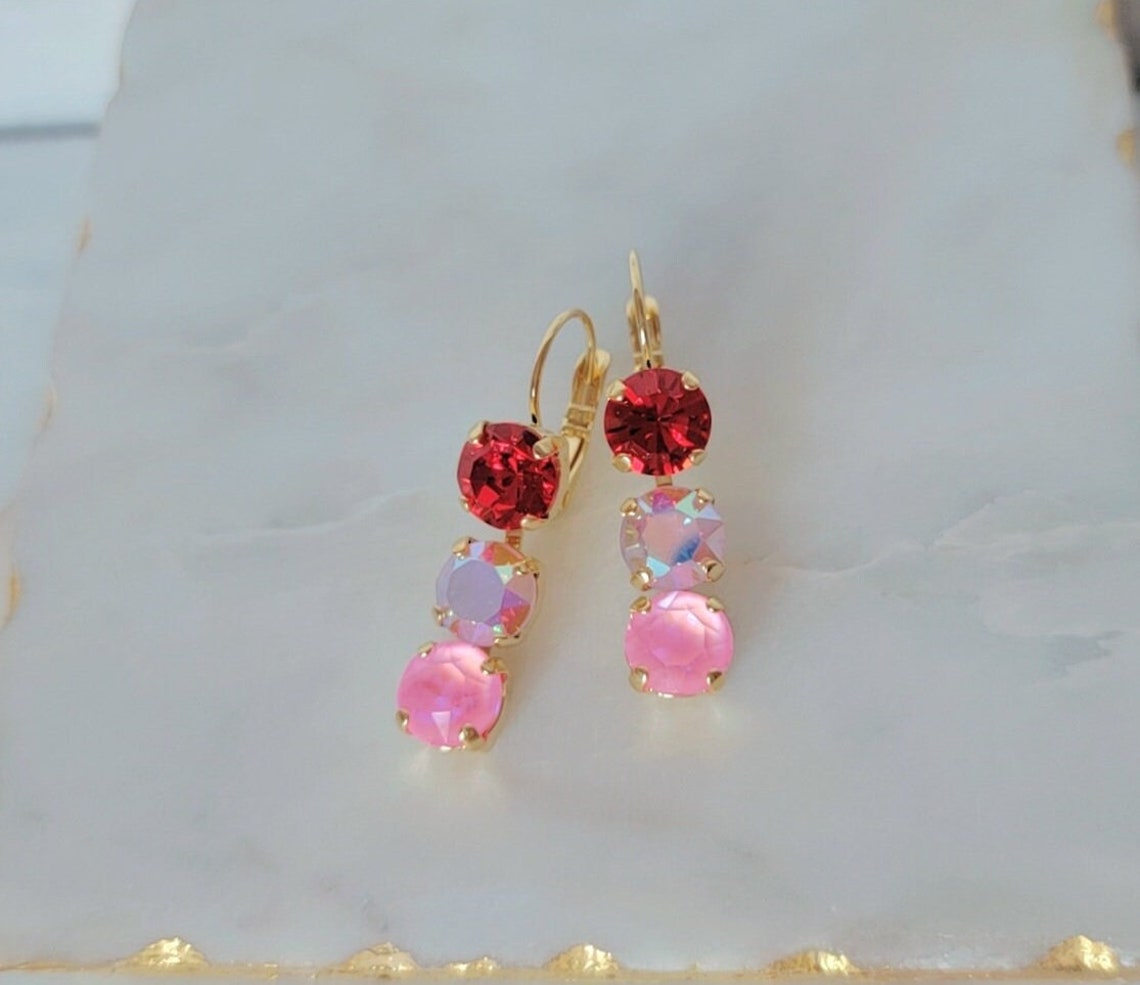 3 Stone 8 Mm Pink Cupid Lever Back Drops, Austrian Crystals, Sparkle ...