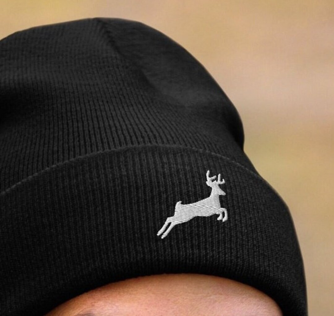 Embroidered Deer Beanie, Jumping Deer Toque, Nature Lover Woolly Hat ...