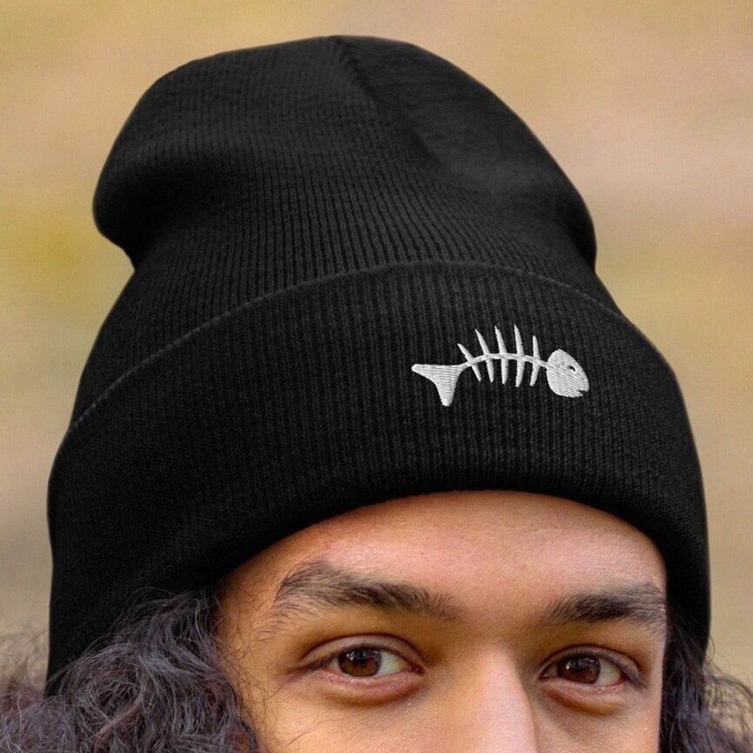 Skeleton Fish Beanie, Dead Fish Logo Skull Cap, Fish Bones Toque, Cool ...