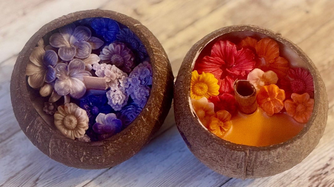 Coconut Shell Candle – Tropical Floral Design With Wooden Wick - Etsy