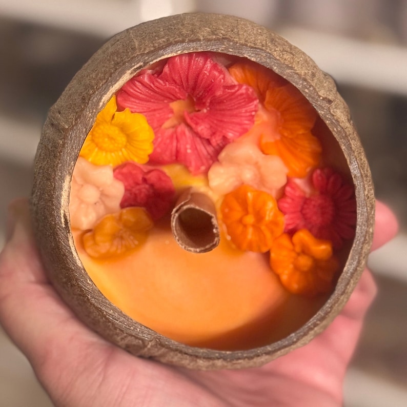 Coconut Shell Candle – Tropical Floral Design With Wooden Wick - Etsy
