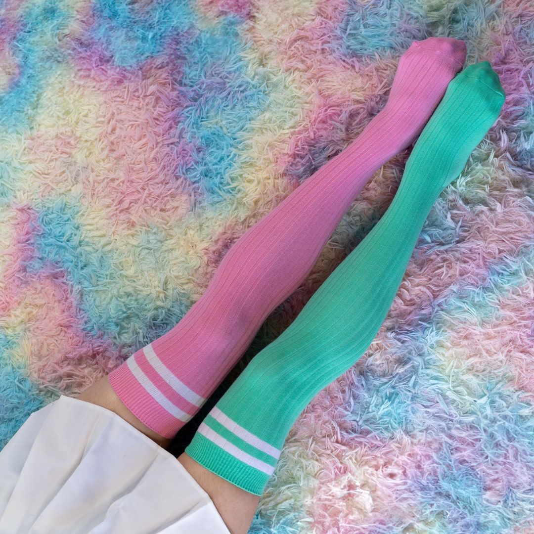 Mismatch Pink & Green Watermelon Socks Mixed Color Knee High Gamer Girl ...