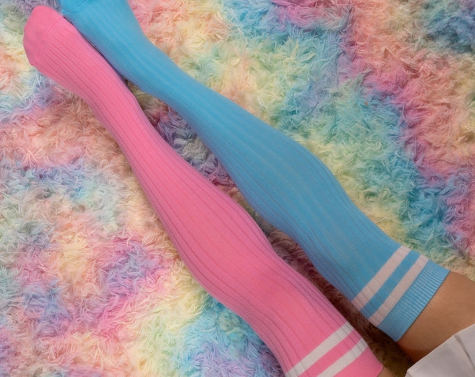 Sugar Rush Mismatch Over the Knee Socks Pink & Blue Knee High Socks ...