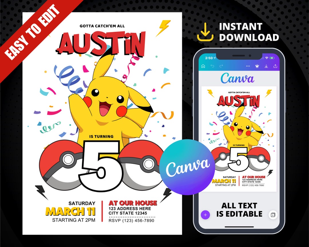Invitación de Pikachu, Invitación de Pokemon, Editable en Canva ...