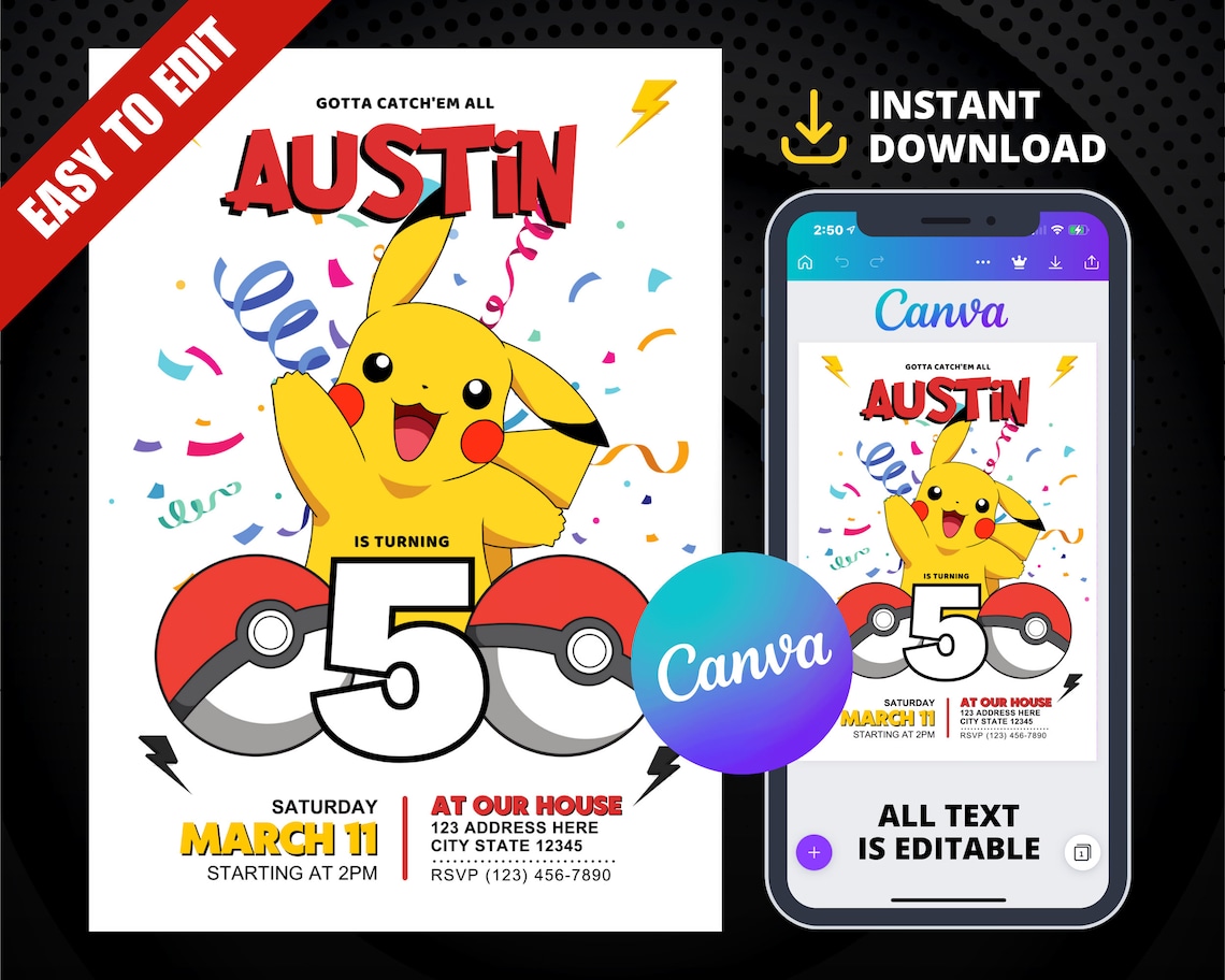Invitación de Pikachu Invitación de Pokemon Editable en - Etsy México