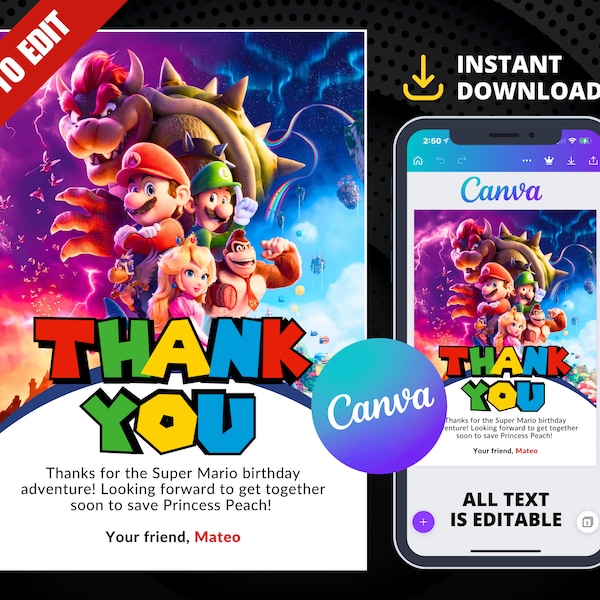 Mario Thank You Card - Etsy