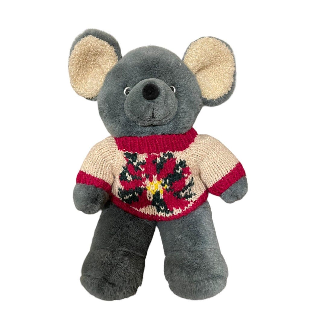 Christmas Mouse Plush Stuffed Animal Vintage Gray Wearing Sweater Made ...