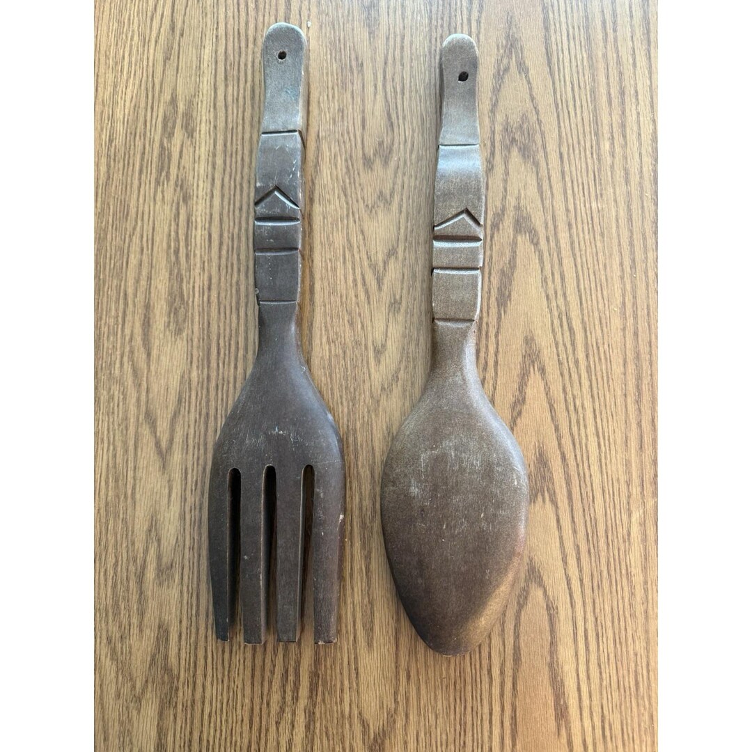 Vintage MCM Hand Carved Wooden Fork & Spoon Wall Decor Tiki Totem Dark ...