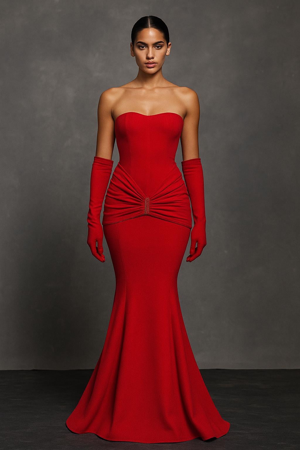 Strapless Structure Top With Front Scrunch Detail & Cocktail Gloves ...