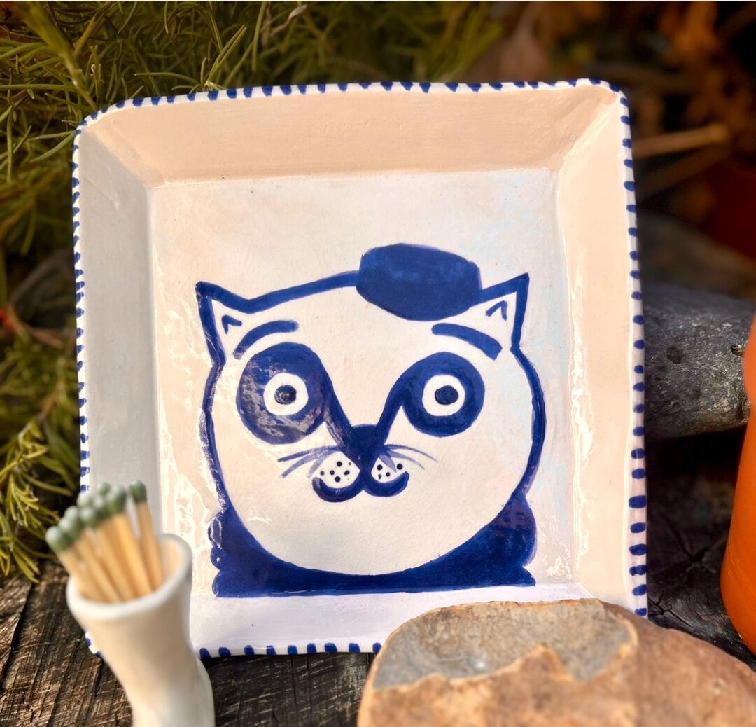 Blue Ceramic Cat Plate Cute Ceramics Handmade Dessert Plate ...