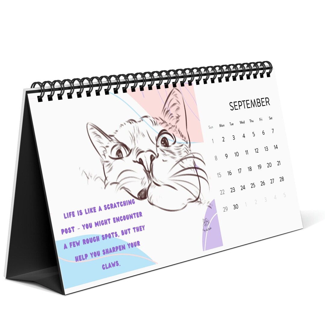 Printed Desktop Calendar 2024, Cat Calendar, Cat Art, Digital Art, Cat ...