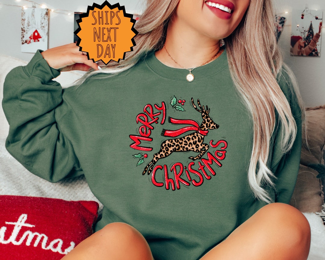 Merry Christmas Cute Reindeer Leopard Sweatshirt Reindeer - Etsy