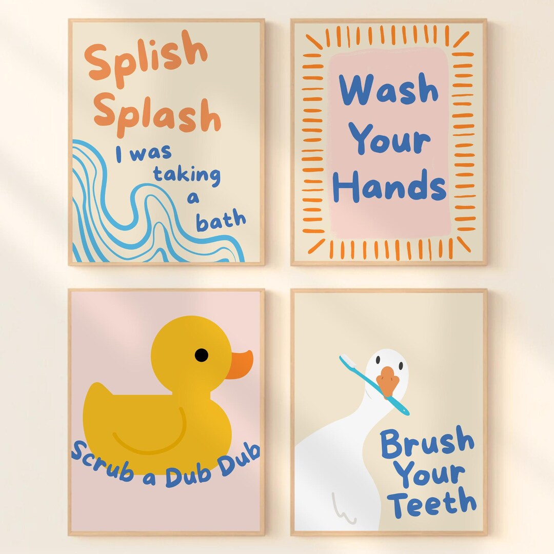 Duck Bathroom Wall Art Set of 4 Prints Kids Hygiene Reminder Signs ...