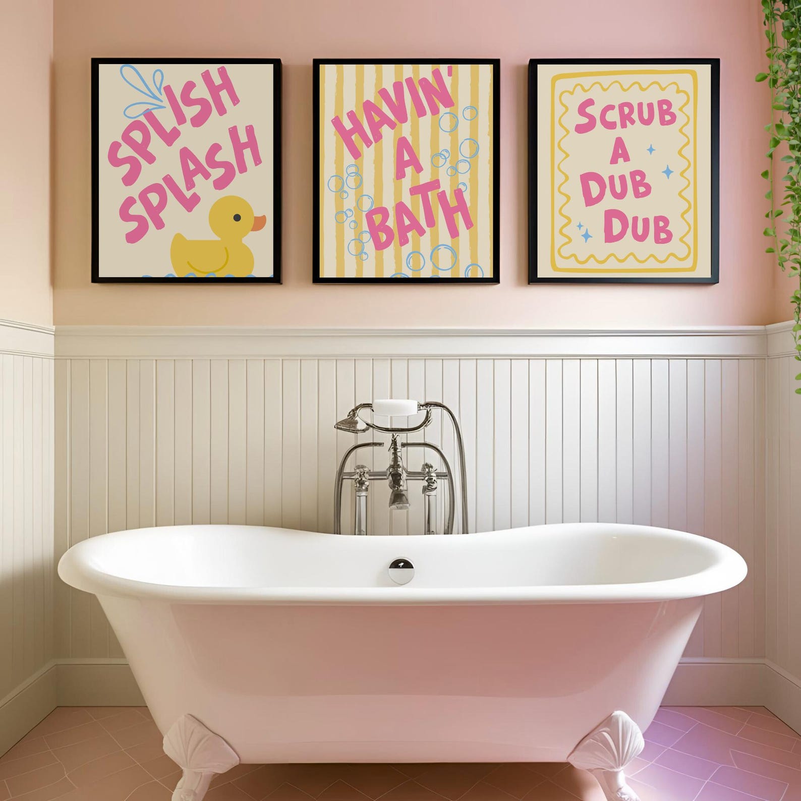 Splish Splash Rubber Duck Bathroom Print Set Kids Bathtub Wall Art Sign ...