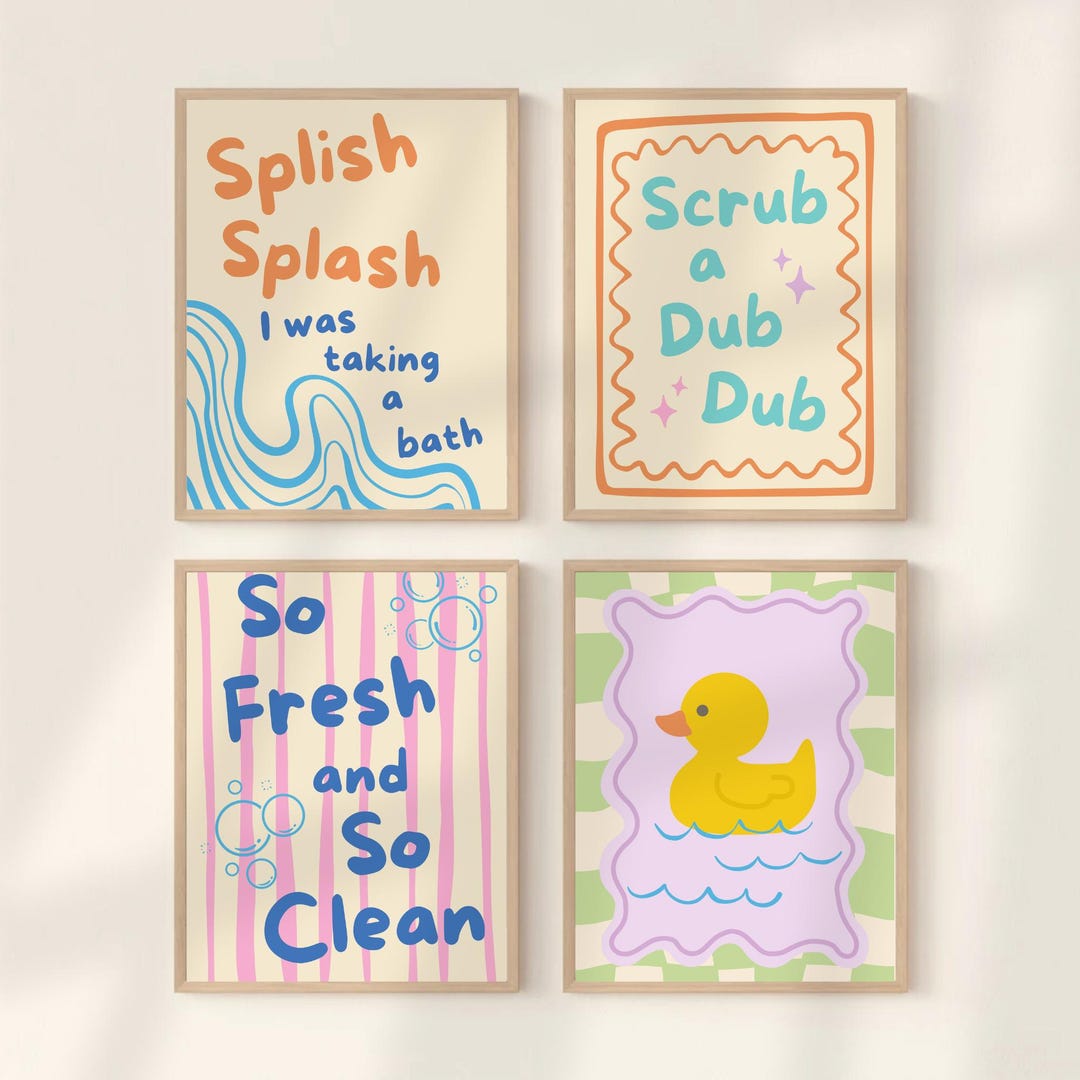 Splish Splash Scrub A Dub Dub Rubber Duck Bathroom Print Set of 4 Kids ...