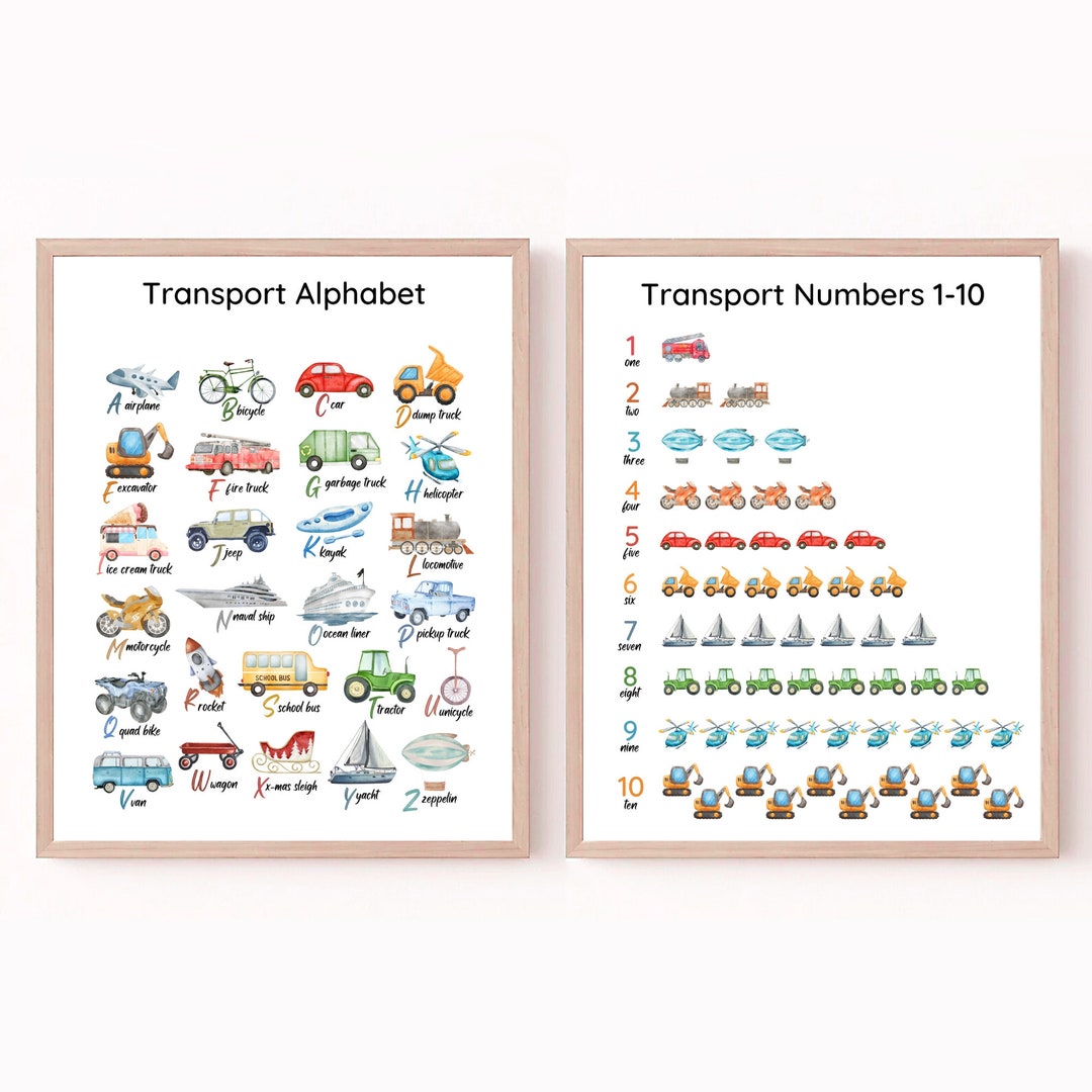 Transport Alphabet Numbers Poster Set of 2, Vehicles ABC Print ...