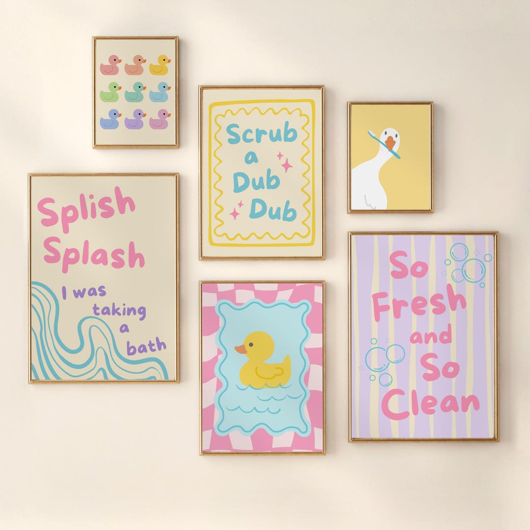 Bathroom Duck Art Set of 6 Rubber Ducky Prints Splish Splash Scrub A ...